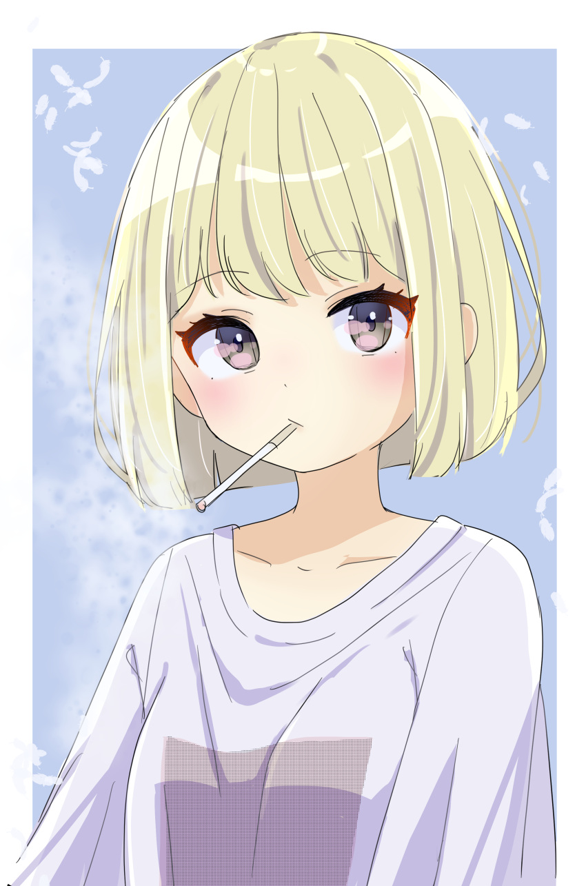 Safebooru - 1girl absurdres blonde hair blue background bob cut border brown eyes cigarette ...