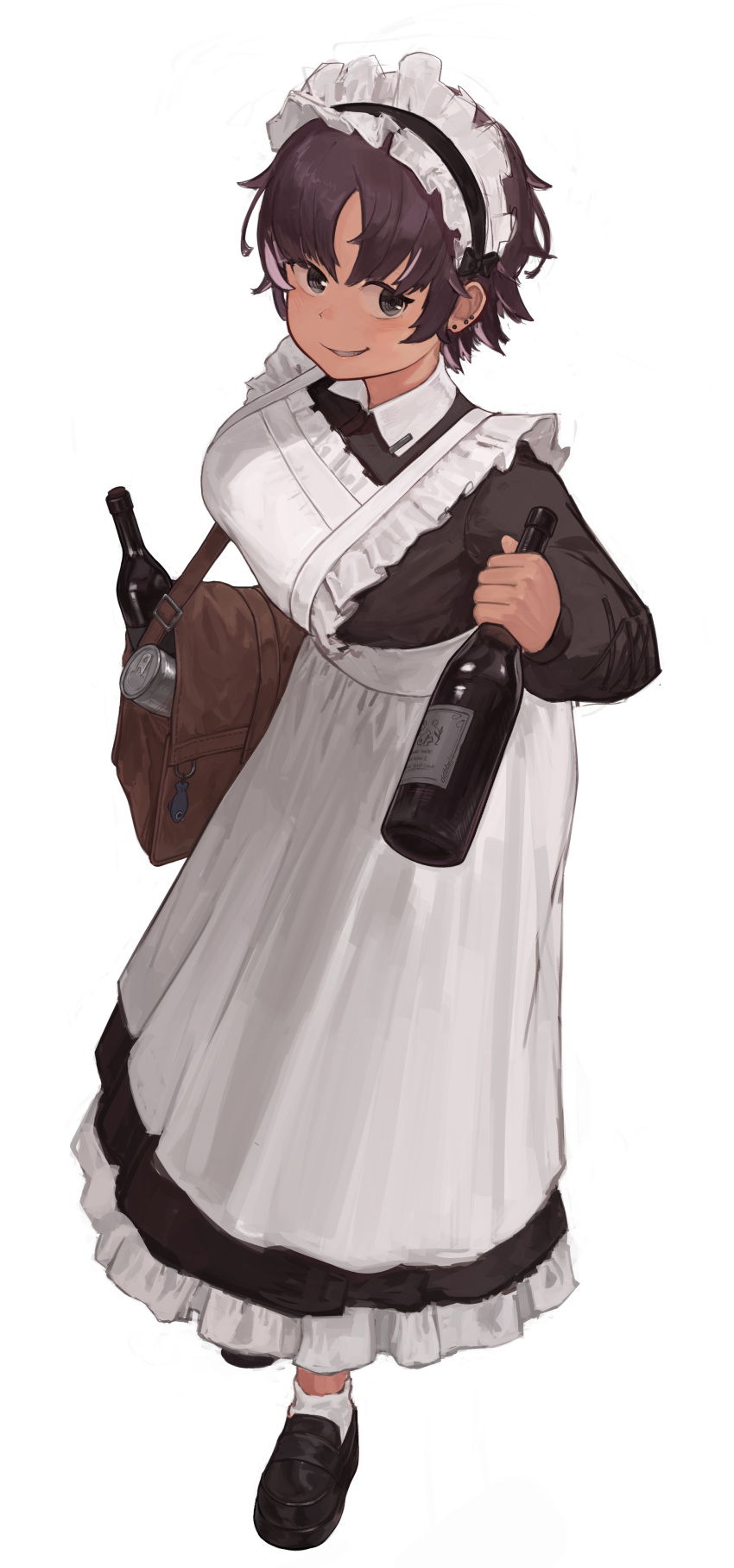 Safebooru - 1girl absurdres alcohol apron bag beer can black dress ...