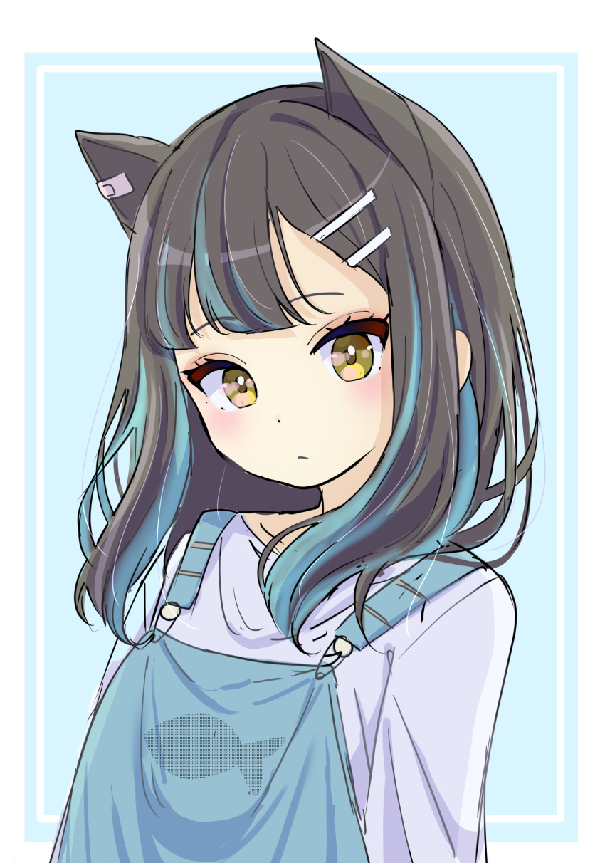 Safebooru - 1girl absurdres animal ears black hair blue background blue hair blunt bangs blush ...