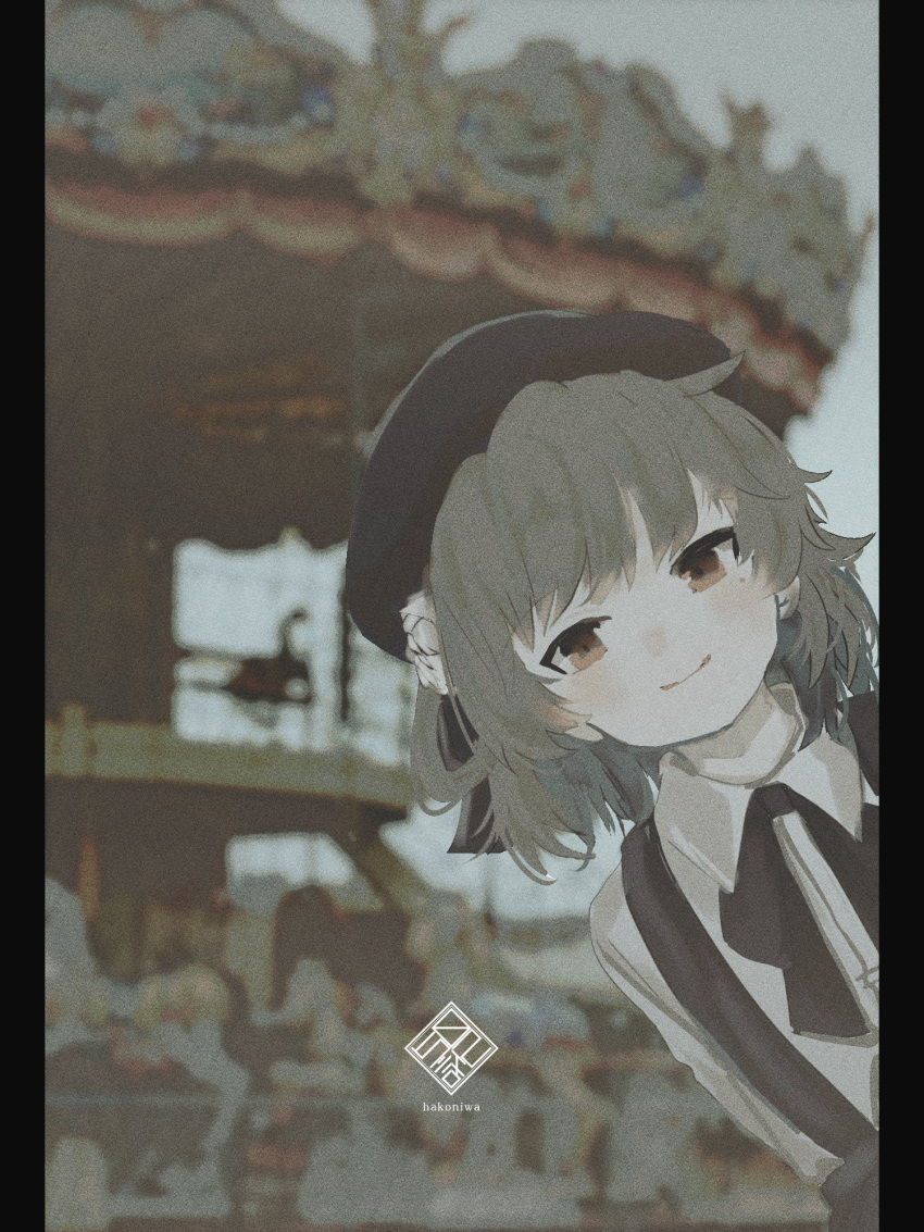 Safebooru - 1girl arms behind back artist logo artist name beret black headwear black ribbon ...