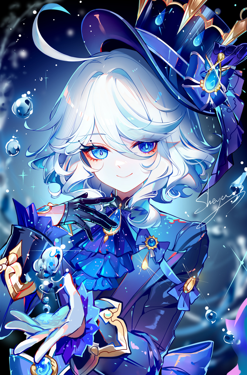 Safebooru - 1girl ahoge ascot asymmetrical gloves black gloves blue ascot blue eyes blue ...