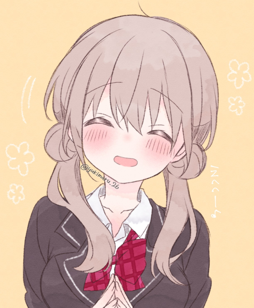 Safebooru - 1girl blazer blush bow bowtie brown jacket closed eyes commentary request double bun ...