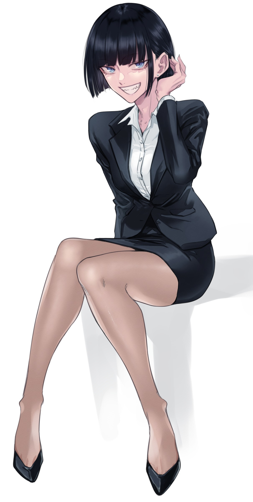 Safebooru - 1girl absurdres black footwear black hair blazer blue eyes blunt bangs breasts brown ...