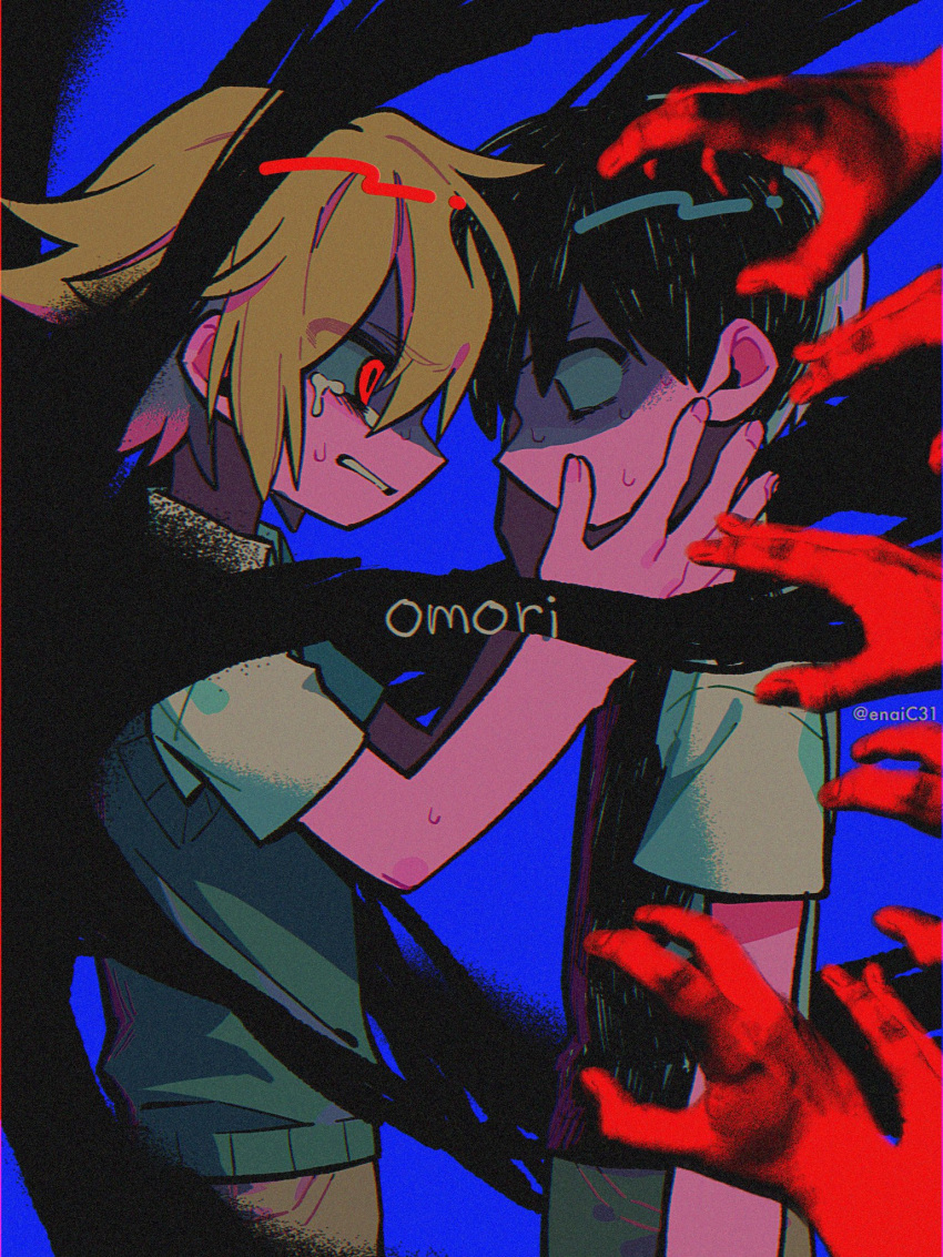 Safebooru - 2boys basil (omori) black eyes black hair black vest blonde hair blue background ...