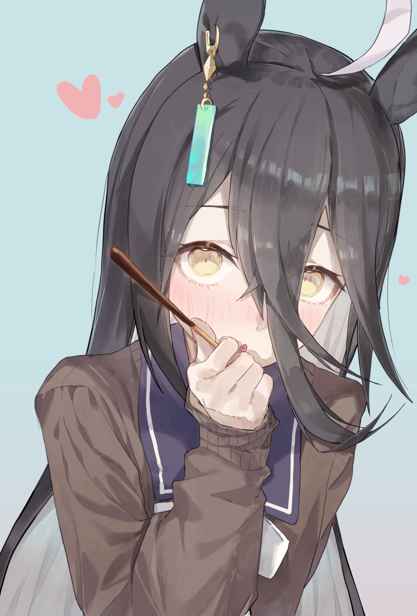 Safebooru - 1girl ahoge amano kokoko animal ears black hair brown cardigan cardigan earrings ...