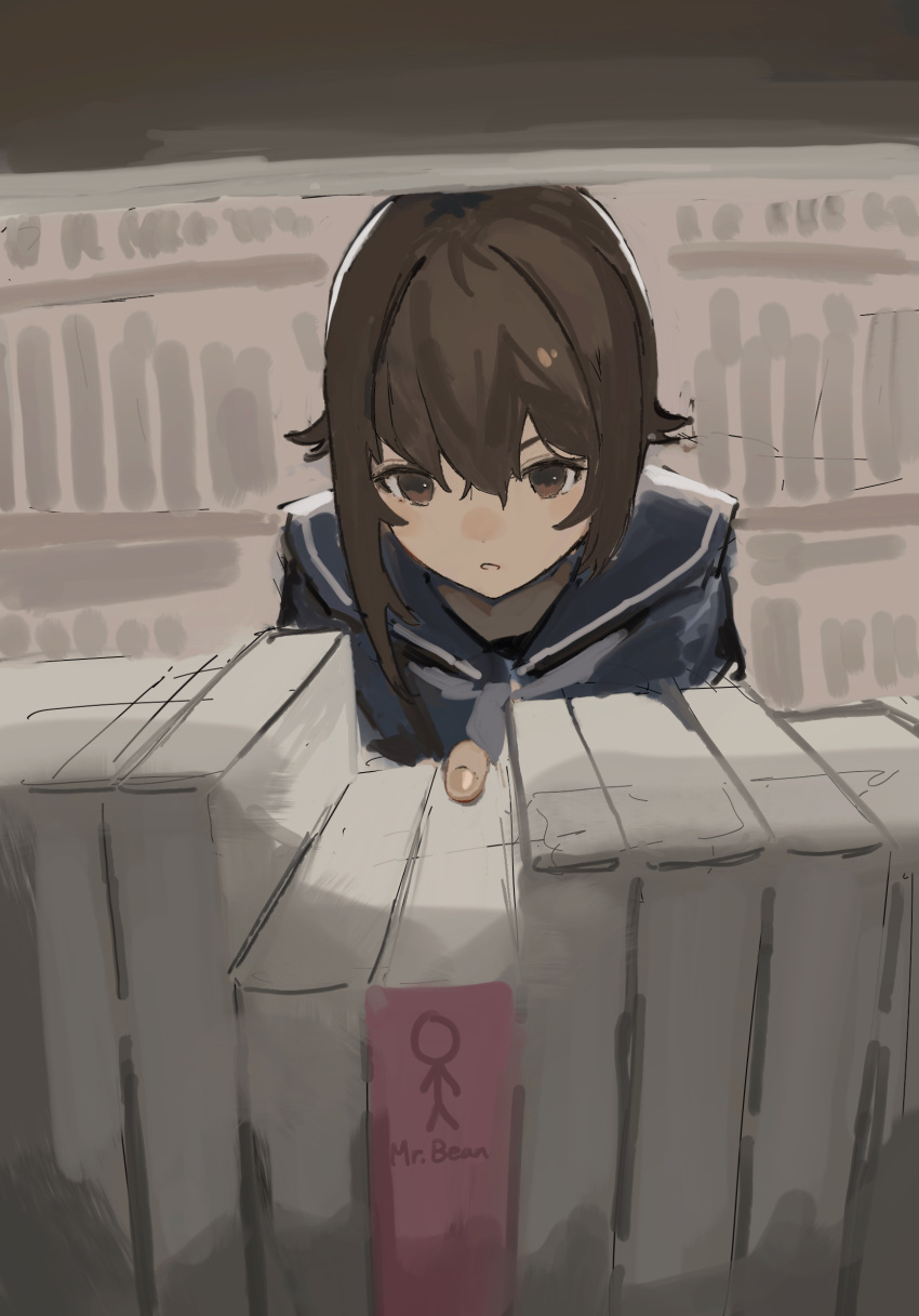 Safebooru - 1girl blue sailor collar blue shirt book bookshelf brown eyes brown hair commentary ...