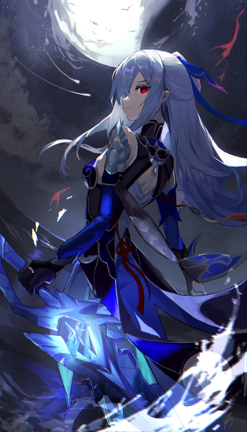 Safebooru - 1girl absurdres bare shoulders black gloves blue sleeves detached sleeves gloves ...