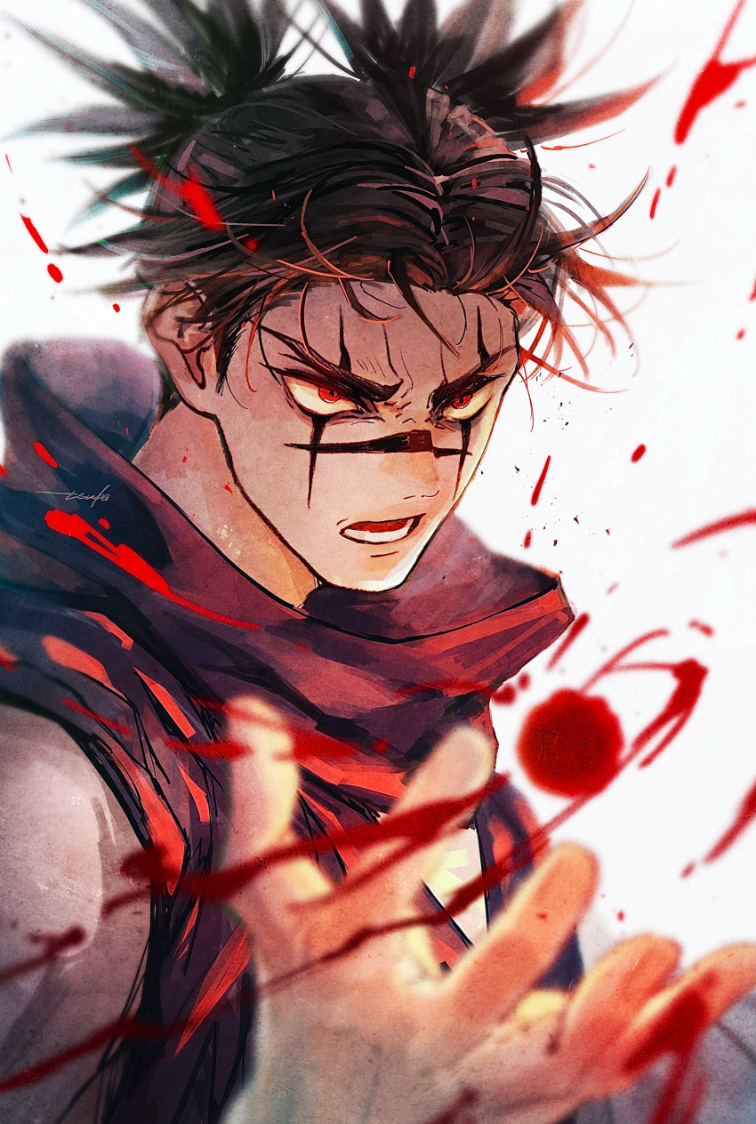 Safebooru - 1boy 28cg absurdres black hair black scarf black vest blood ...