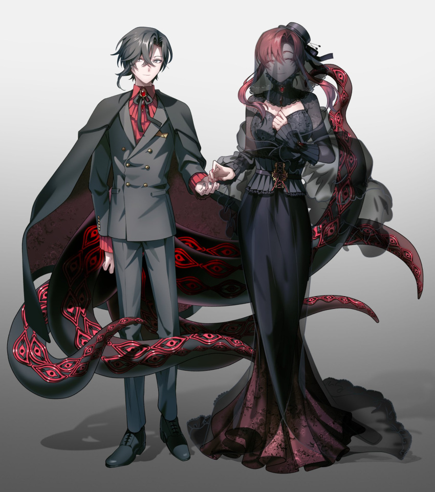 Safebooru - 1boy 1girl black coat black dress black hair black suit closed eyes coat coat on ...
