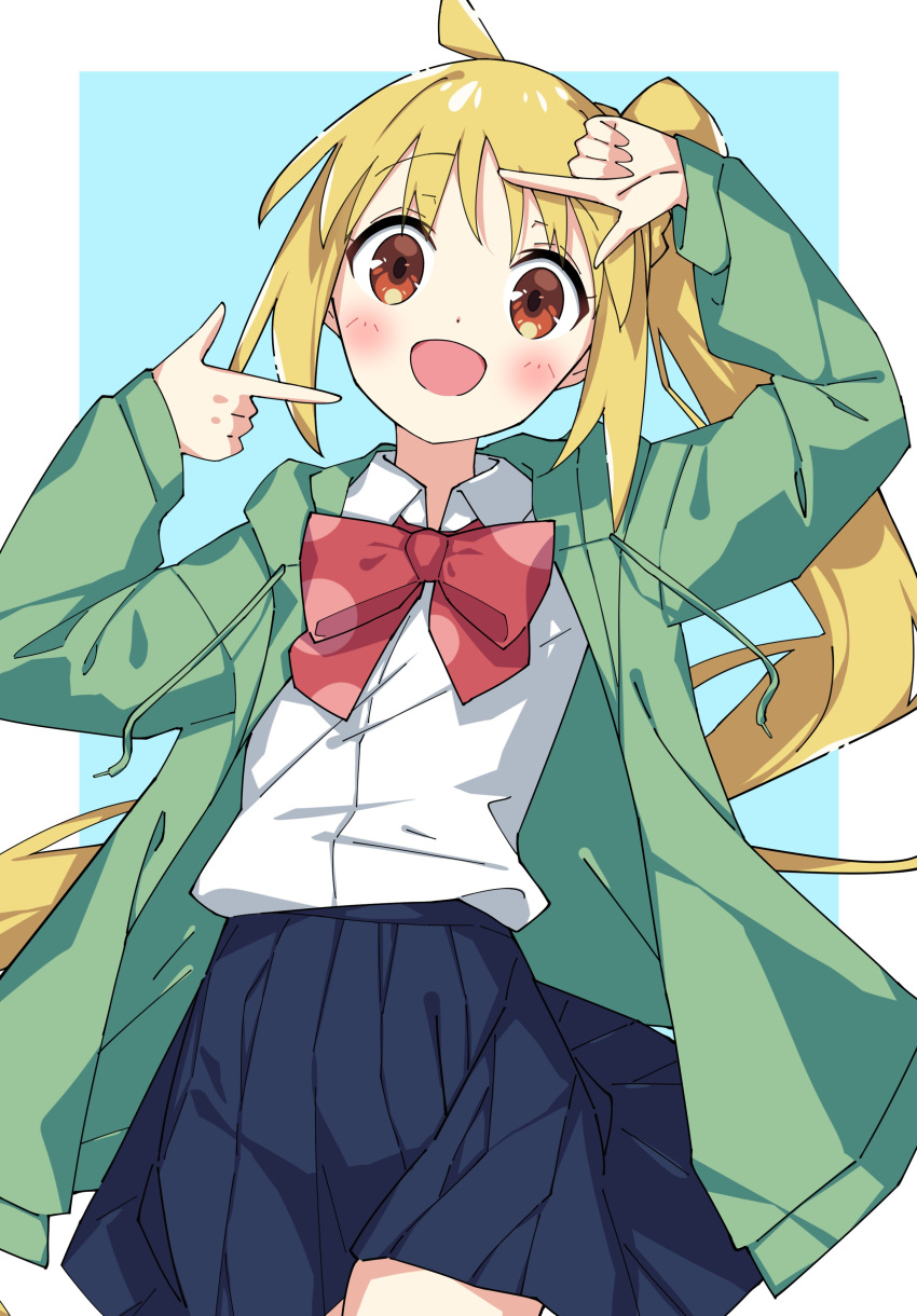 Safebooru - 1girl :d absurdres ahoge arm up blonde hair blue background blue skirt bocchi the ...