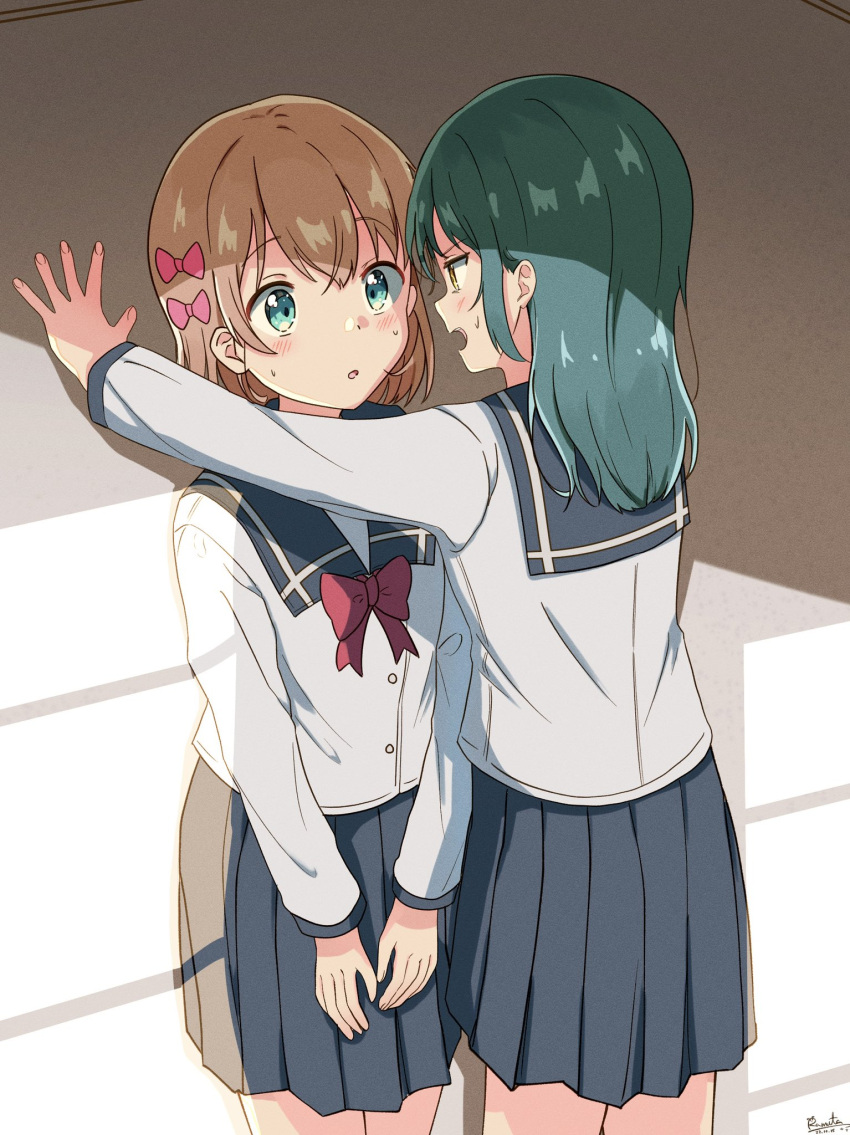 Safebooru - aqua eyes blush bow brown hair eye contact green hair hair ...