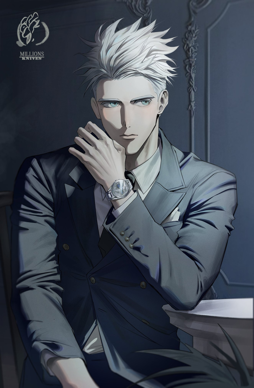 Safebooru - 1boy black jacket black necktie black pants black suit blue eyes character name ...