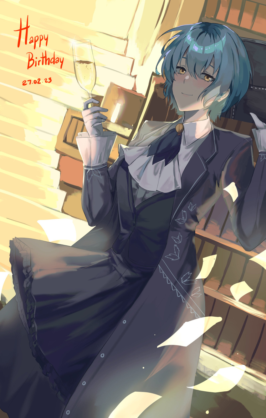 Safebooru - 1girl absurdres alcohol angela (project moon) ascot black skirt black vest blue coat ...