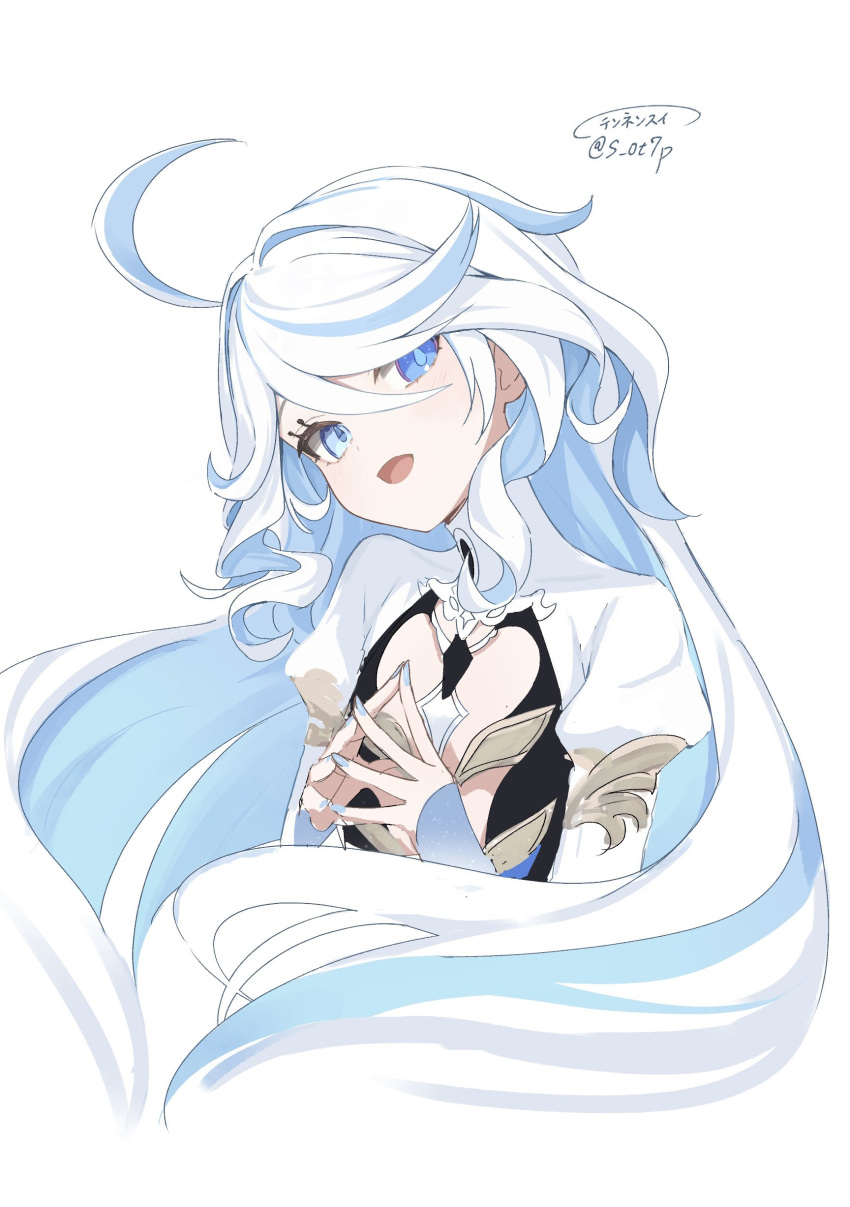 Safebooru - 1girl :d absurdres ahoge black dress blue eyes blue hair blue nails cowlick dress ...