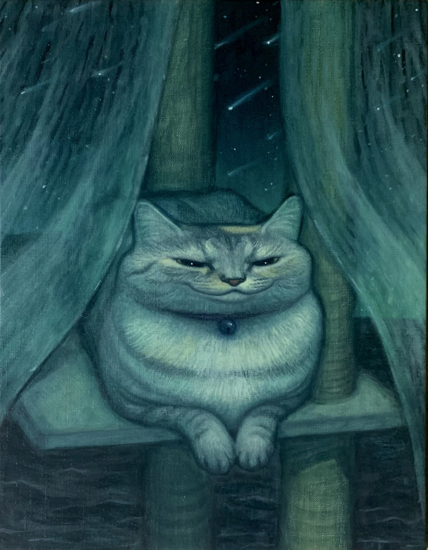 Safebooru - animal focus bell black sky cat green theme highres karin ...