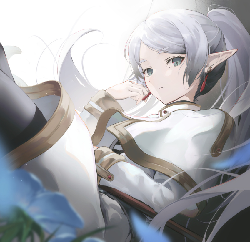 Safebooru - 1girl black pantyhose blue flower capelet drop earrings ...