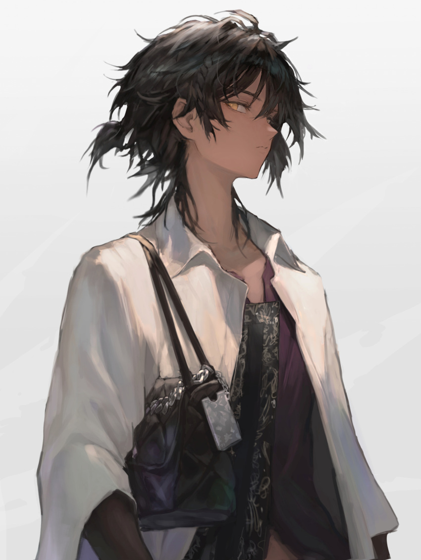 Safebooru - 1boy arknights bag black hair black shirt coat dark-skinned male dark skin frown ...
