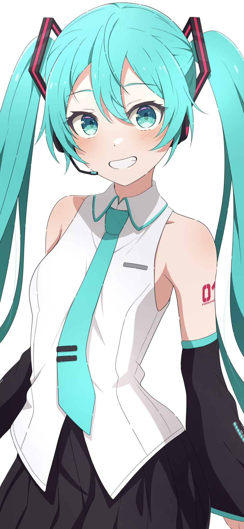 Safebooru - 1girl absurdres aqua eyes aqua hair aqua necktie black skirt black sleeves blush ...