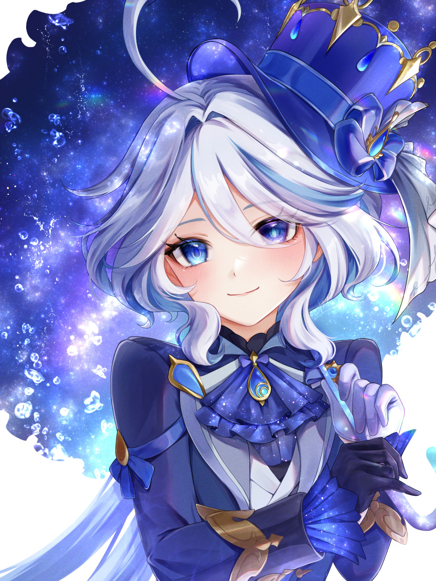 Safebooru - 1girl absurdres ahoge ascot asymmetrical gloves black gloves blue ascot blue eyes ...