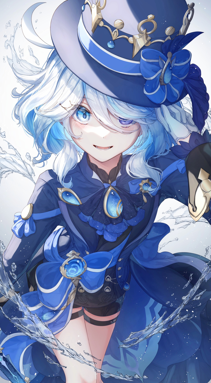 Safebooru - 1girl absurdres black shorts blue brooch blue hair blue headwear blue jacket bow ...