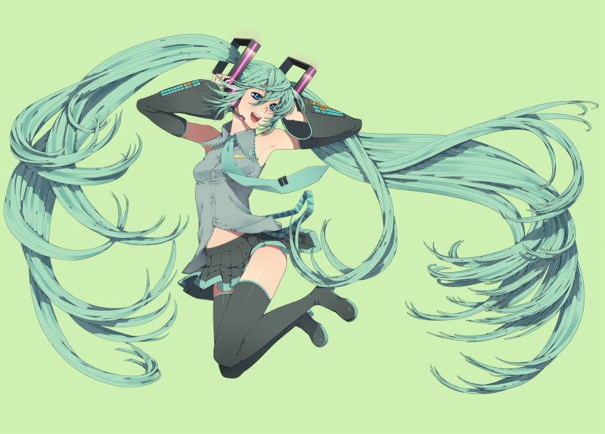 Safebooru - aqua hair armpits bare shoulders black legwear black thighhighs blue eyes detached ...