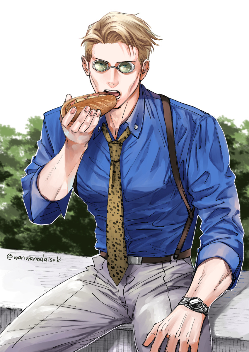 Safebooru - 1boy animal print blonde hair blue eyes blue shirt collared shirt eating food ...