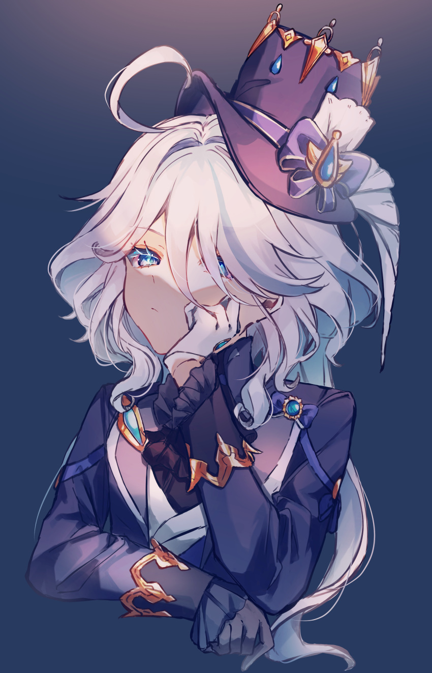 Safebooru - 1girl absurdres ahoge ascot black ascot blue background blue bow blue brooch blue ...