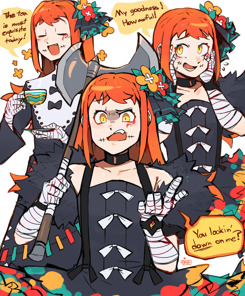 Safebooru - 1girl aqua eyeshadow axe bandaged arm bandaged hand bandages bare shoulders bow cup ...