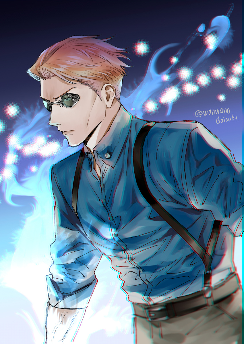 Safebooru - 1boy belt blonde hair blue eyes blue shirt chromatic aberration collared shirt ...