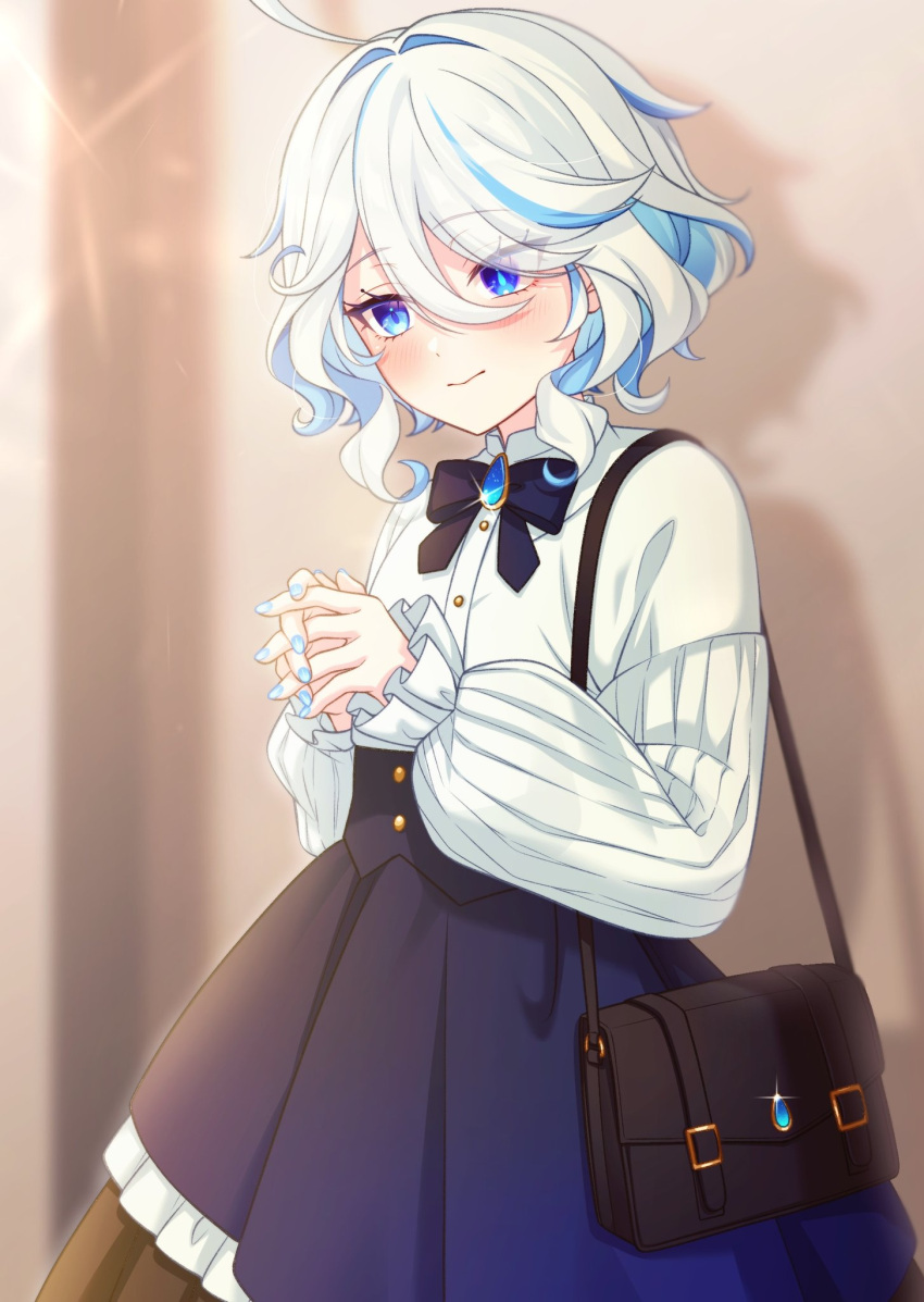 Safebooru - 1girl ahoge alternate costume bag blue eyes blue hair blue nails blue skirt closed ...