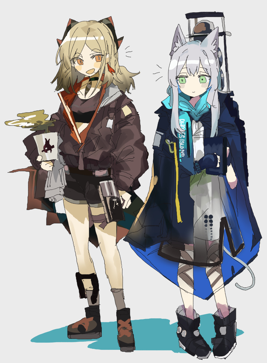 Safebooru - 2girls :d absurdres animal ear fluff animal ears arknights black coat black footwear ...