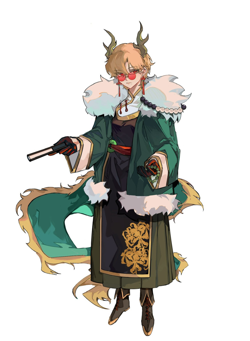 Safebooru - 1girl blonde hair dragon girl dragon horns dragon tail dress fur-trimmed jacket fur ...