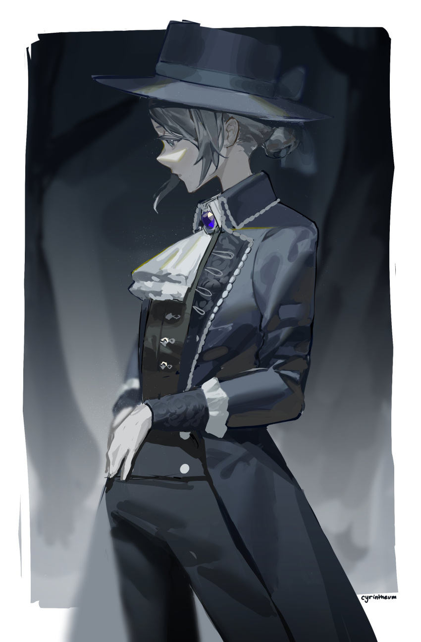 Safebooru - 1girl absurdres artist name ascot black background black coat black headwear black ...