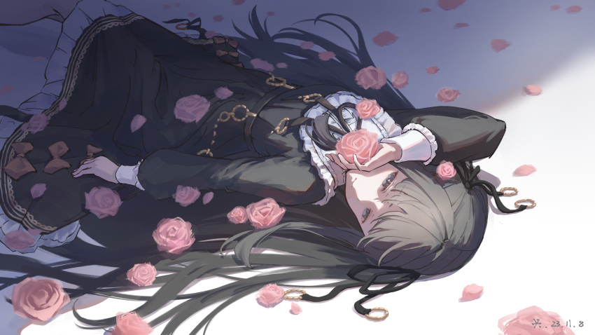 Safebooru - 1girl 34341211 absurdres arcaea black dress black hair black ribbon blue eyes dress ...