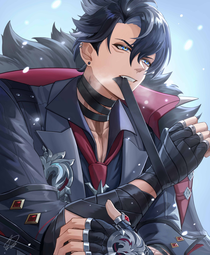 Safebooru - 1boy absurdres artist name bandaged arm bandaged neck bandages black gloves black ...