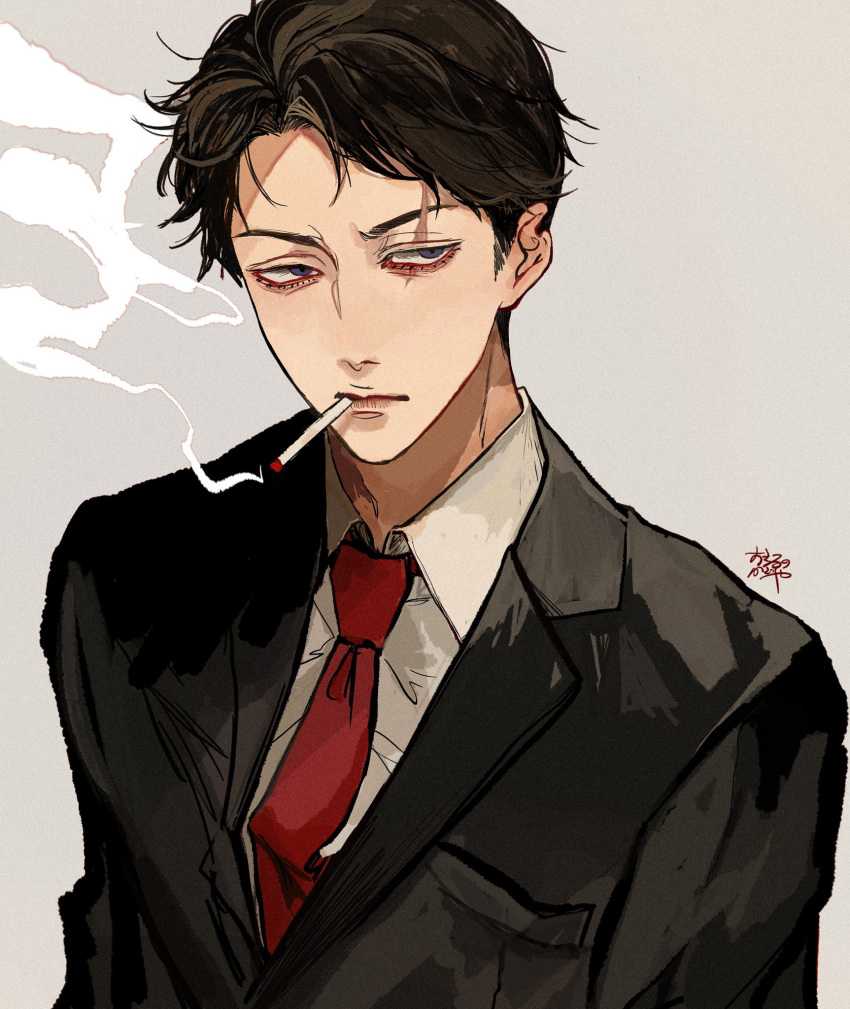 Safebooru - 1boy black jacket brown eyes brown hair cigarette closed mouth collared shirt formal ...