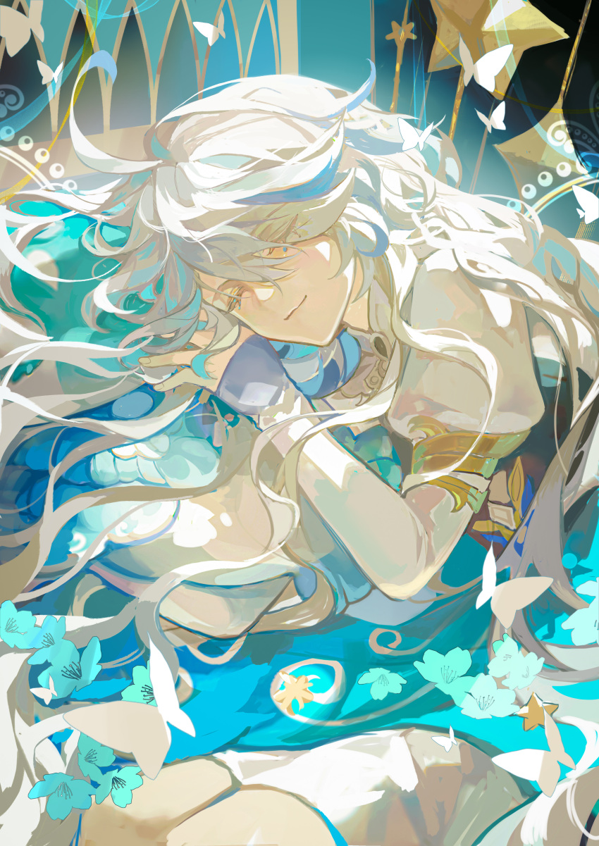 Safebooru - 1girl absurdres ahoge blue flower blue hair bug butterfly chinese commentary closed ...