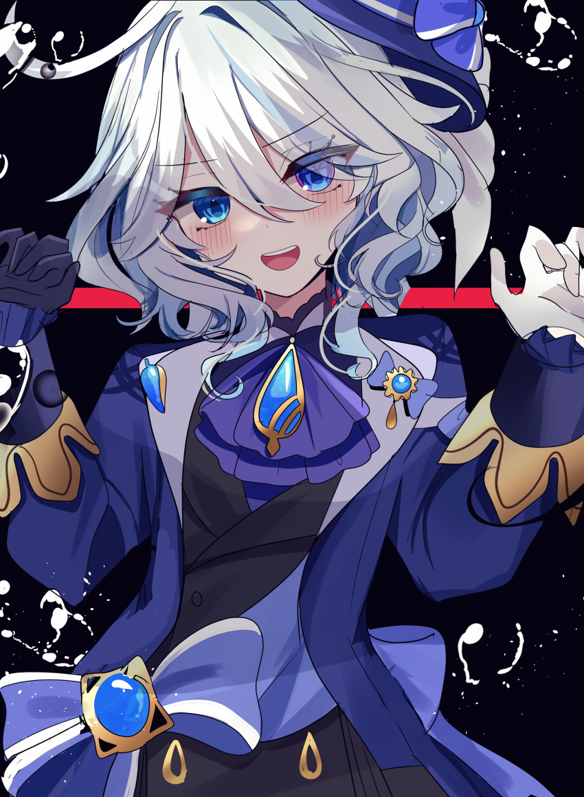 Safebooru - 1girl absurdres ahoge ascot black background black gloves blue ascot blue brooch ...