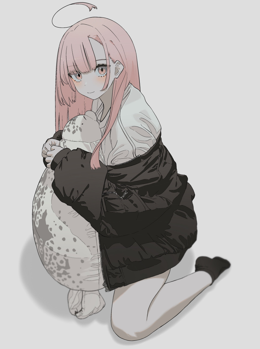 Safebooru - 1girl absurdres ahoge black skirt black socks blush dot nose down jacket feet full ...