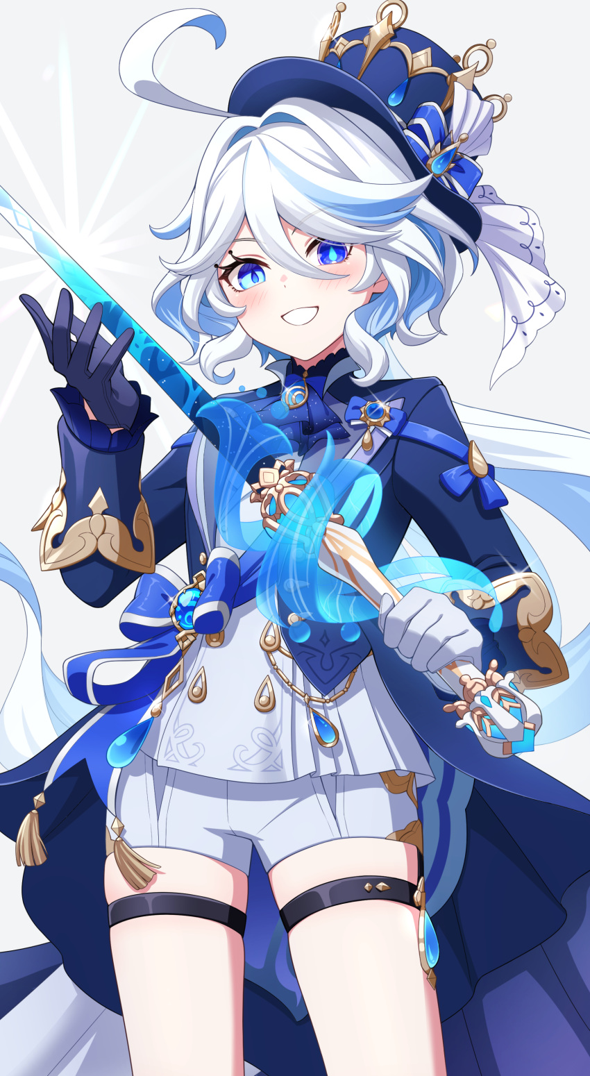 Safebooru - 1girl absurdres black gloves blue eyes blue hair blue headwear blue jacket furina ...