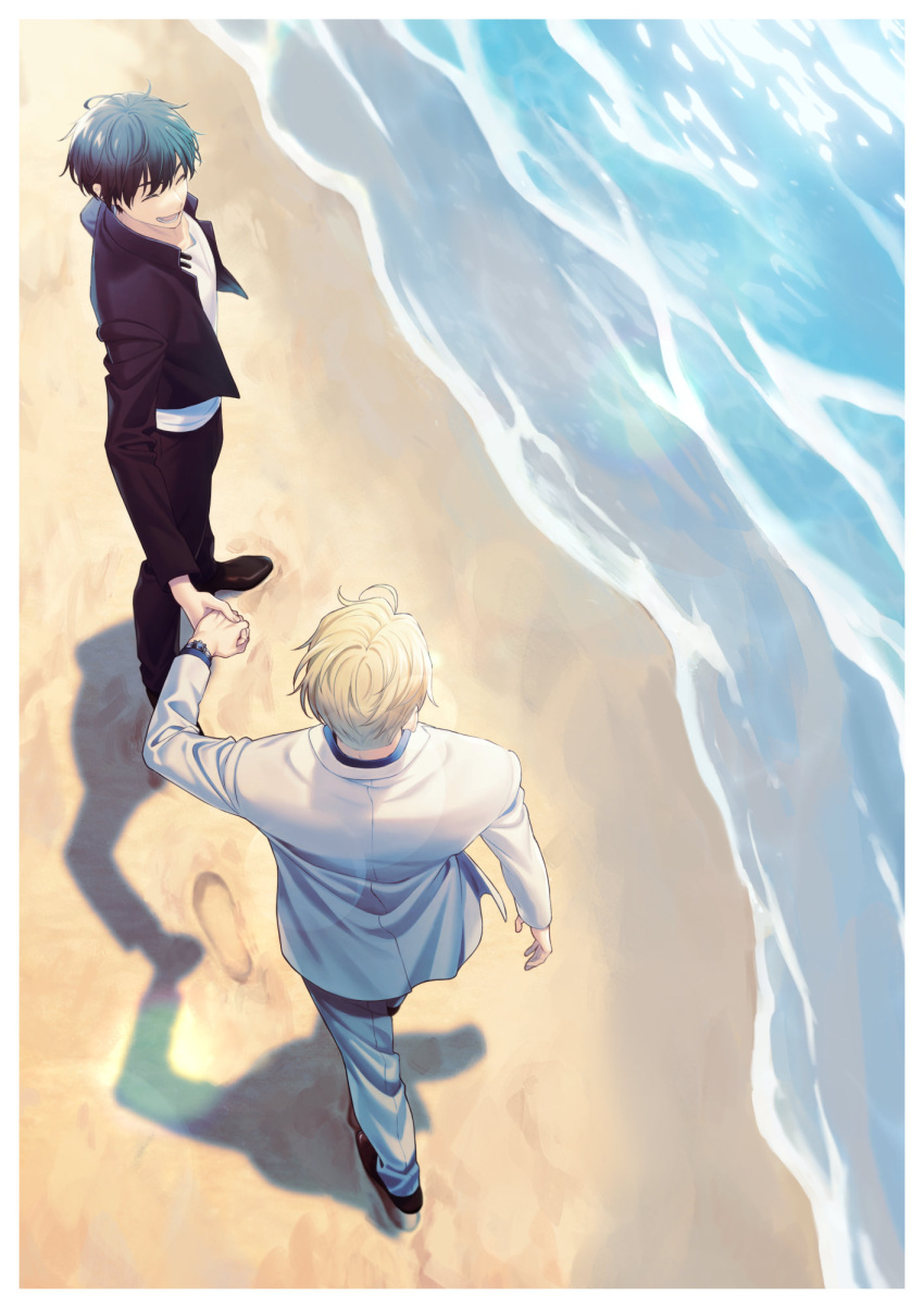 Safebooru - 2boys ^ ^ beach black footwear black hair black jacket ...