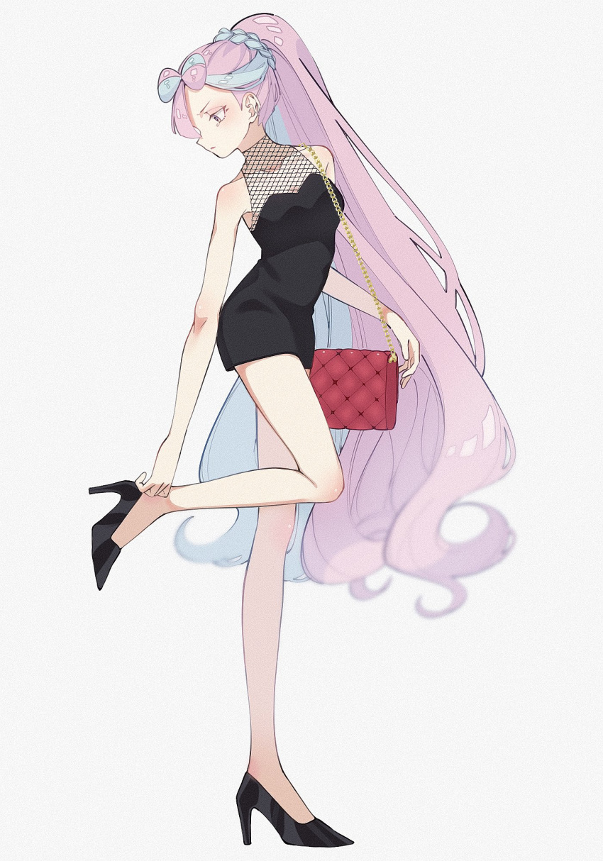 Safebooru - 1girl aged up bag bare shoulders black dress black footwear braid dress formal hair ...