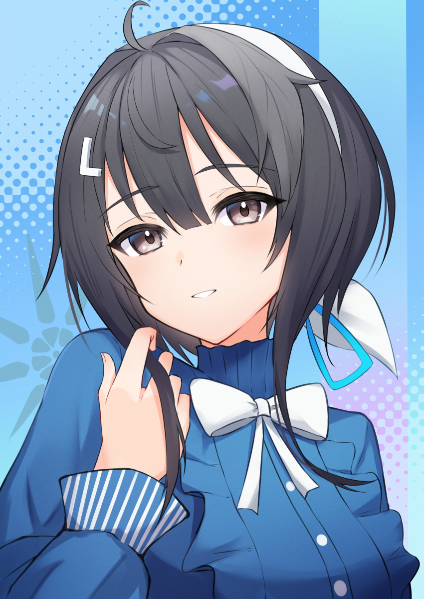 Safebooru - 1girl absurdres ahoge arknights black hair blue background blue shirt bow bowtie ...