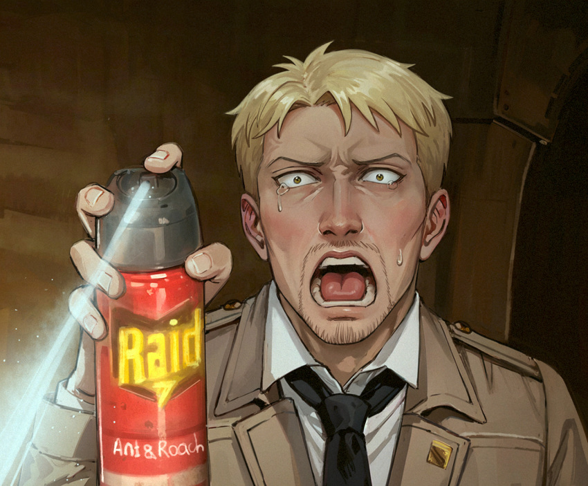 Safebooru - 1boy beard stubble black necktie blonde hair brown coat ...