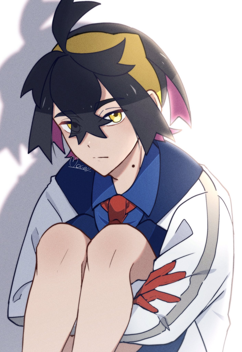 Safebooru - 1boy ahoge black hair blue shirt closed mouth collared ...