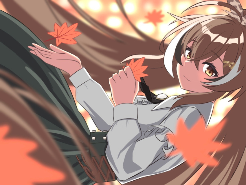 Safebooru - 1girl ahoge autumn autumn leaves blurry blurry background brown eyes brown hair ...