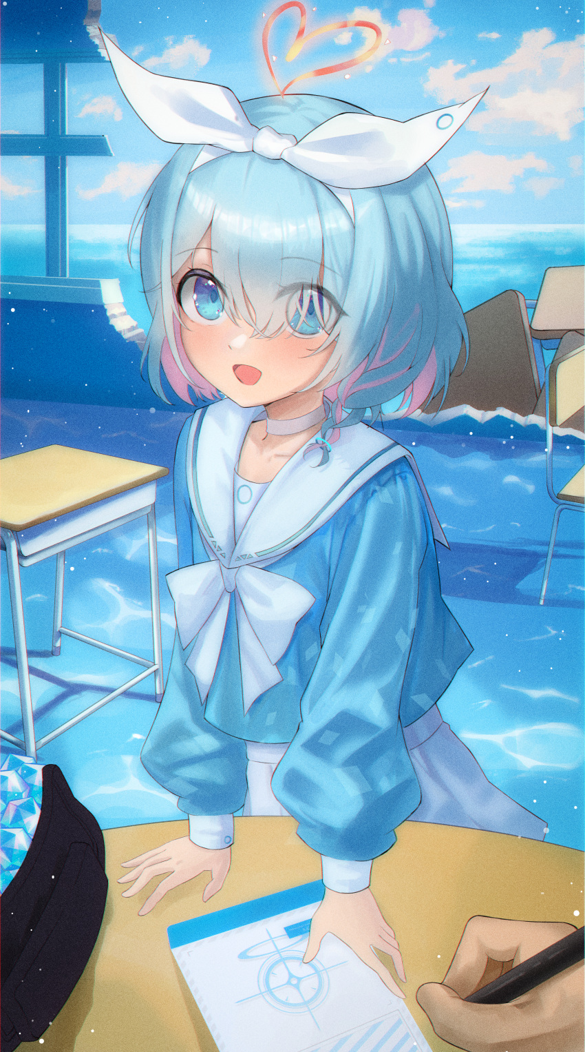 Safebooru - 1girl 1other absurdres arona (blue archive) blue archive blue eyes blue hair chair ...