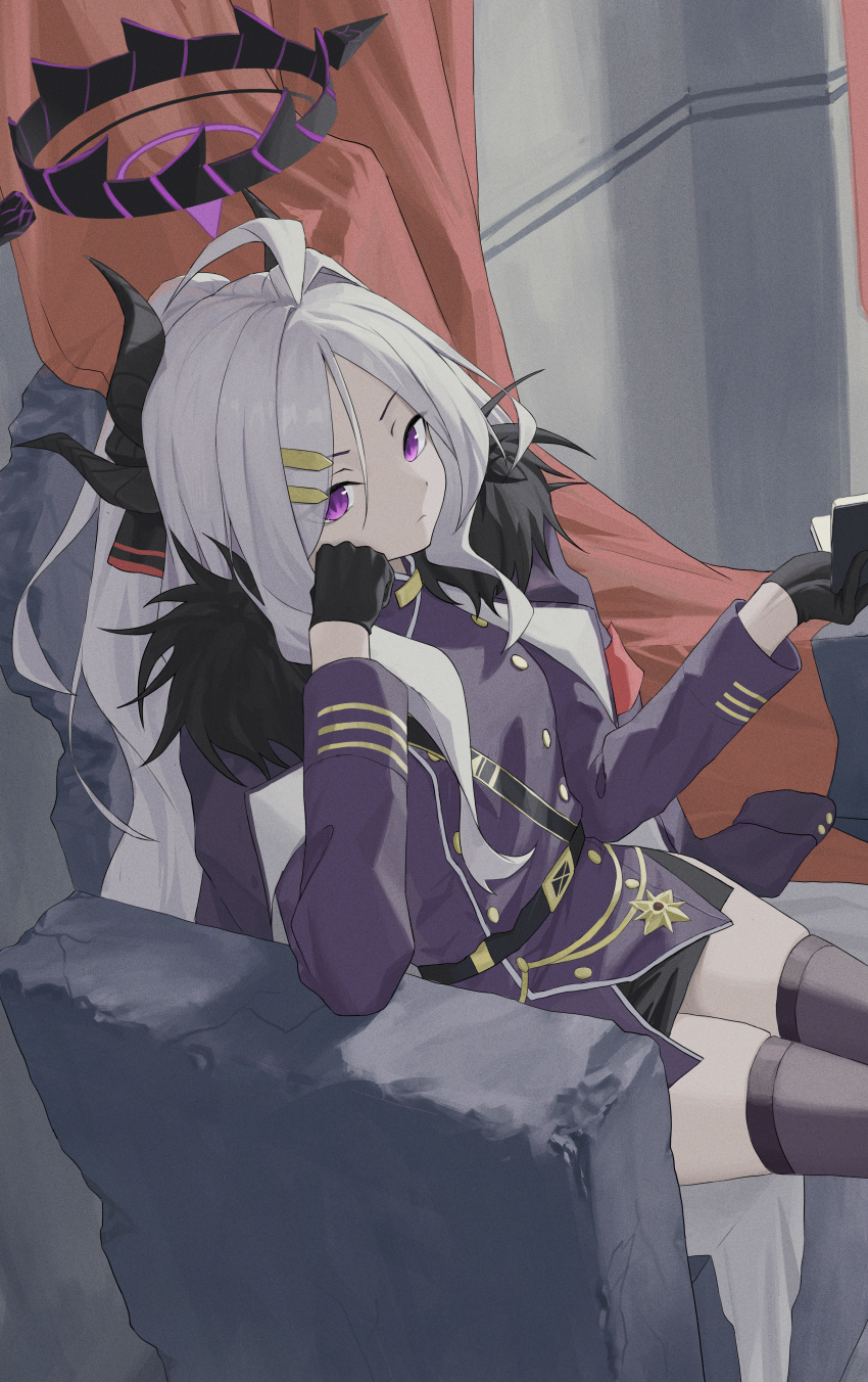 Safebooru - 1girl absurdres ahoge black coat black gloves black horns black skirt black ...