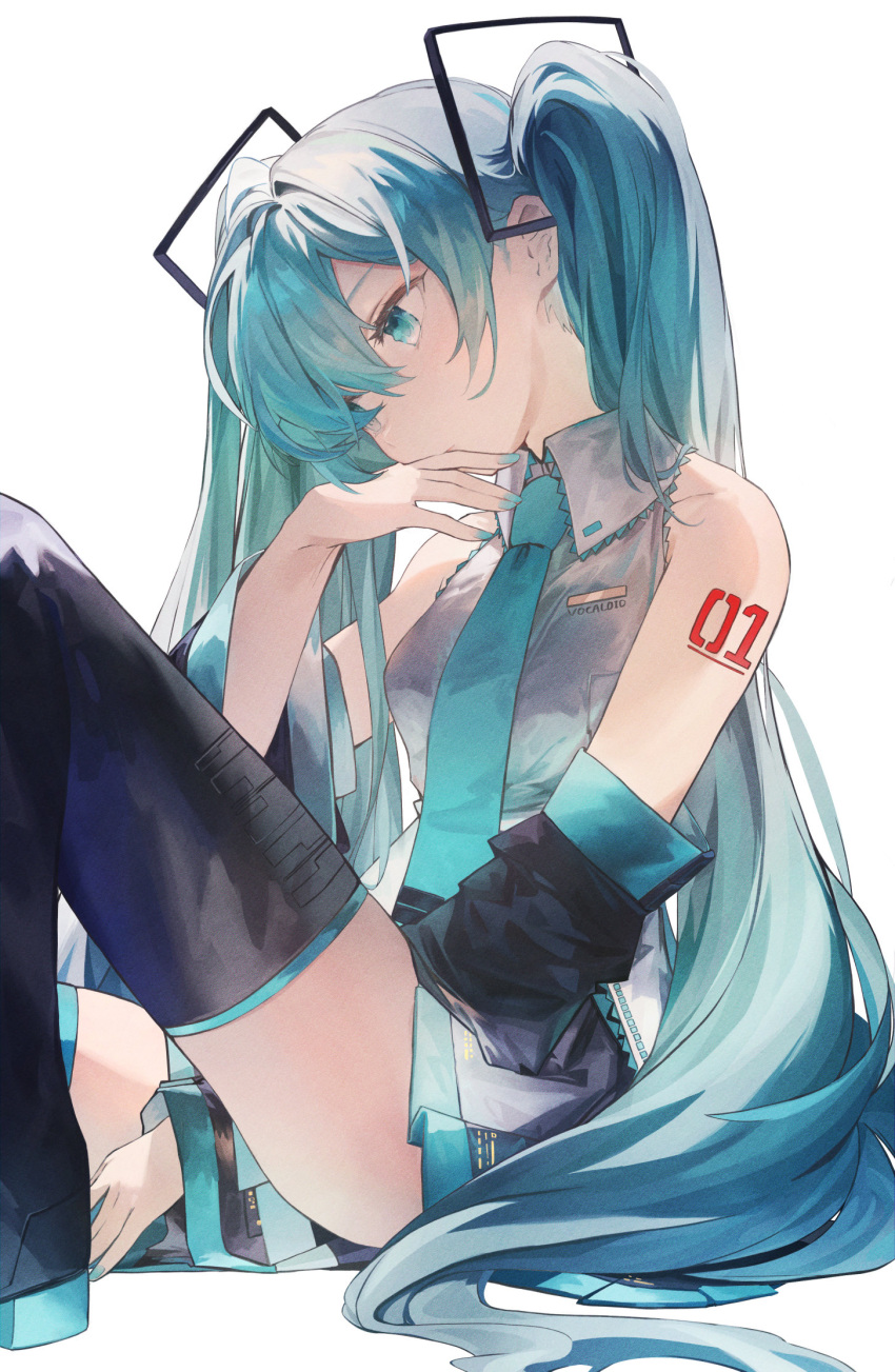 Safebooru - 1girl aqua eyes aqua hair aqua nails aqua necktie bare shoulders black sleeves boots ...