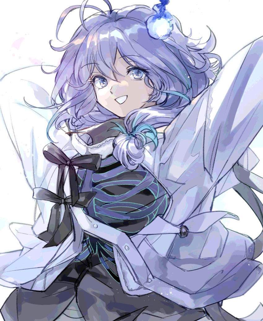 Safebooru - 1boy agassa androgynous antenna hair arms up blue fire blue hair fire hair between ...